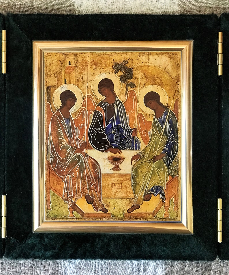 Icon holy Trinity icon of Andrei Rublev. Triptych Icon in Velvet. Home Decoration. Christian ...