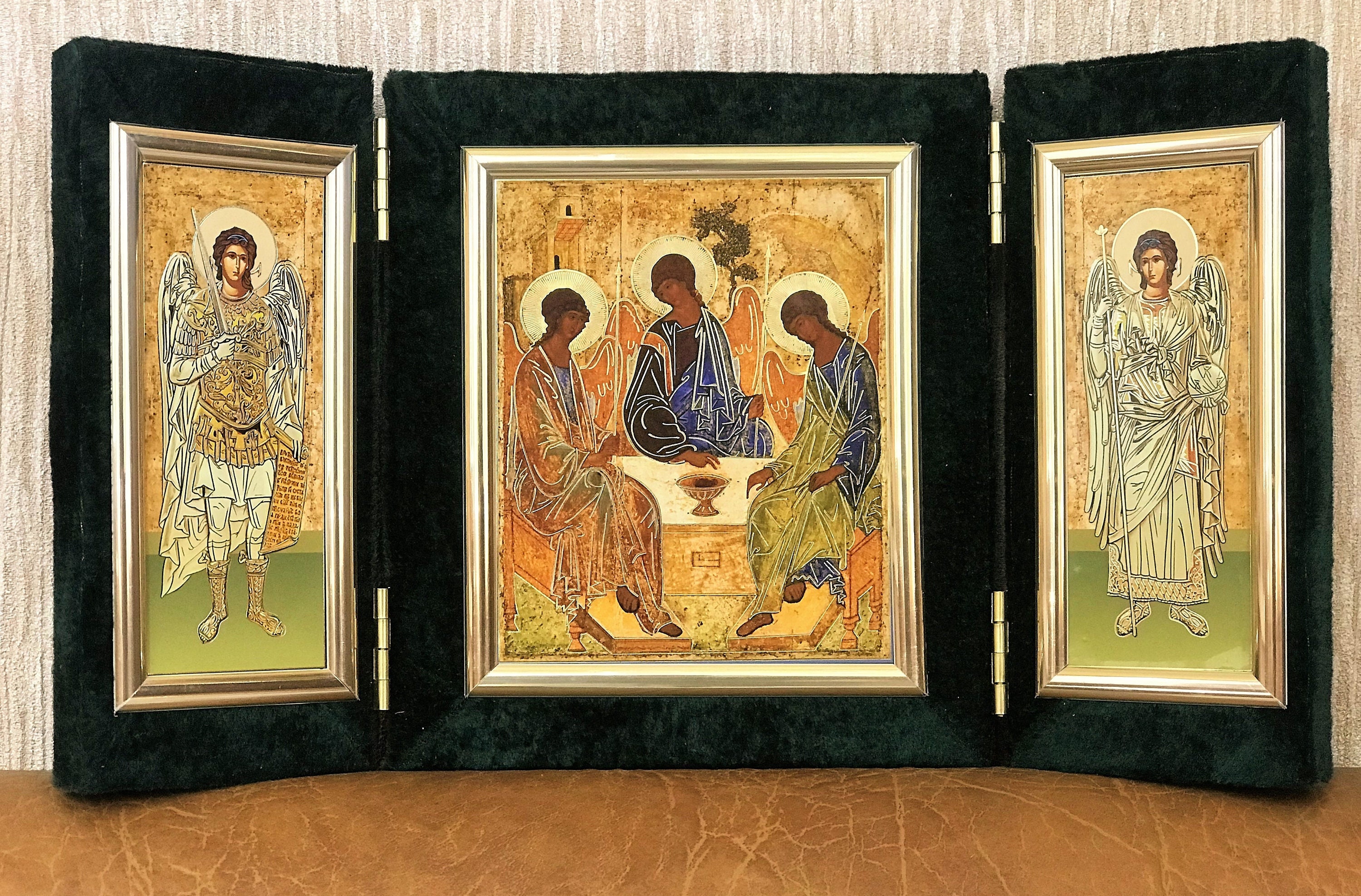 Icon holy Trinity icon of Andrei Rublev. Triptych Icon in Velvet. Home Decoration. Christian ...