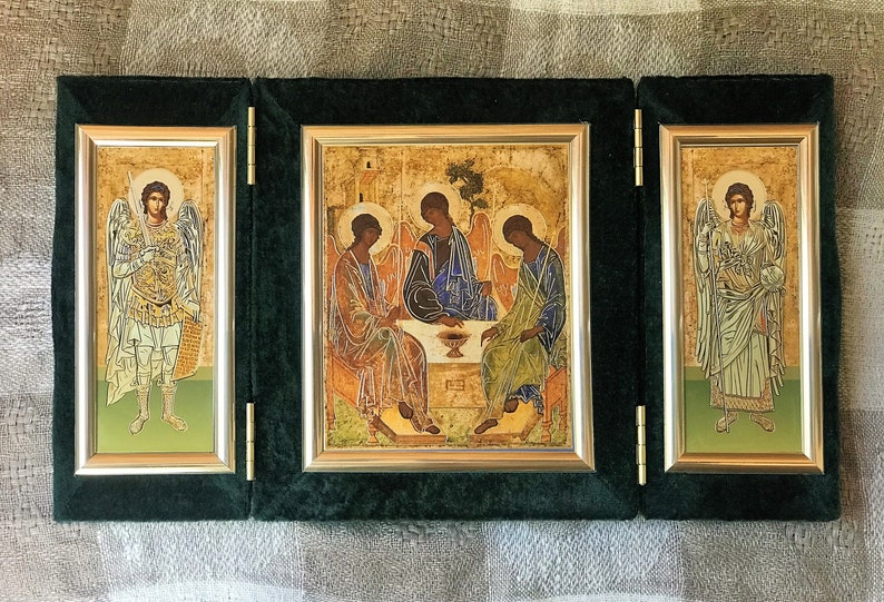 Icon holy Trinity icon of Andrei Rublev. Triptych Icon in Velvet. Home Decoration. Christian ...