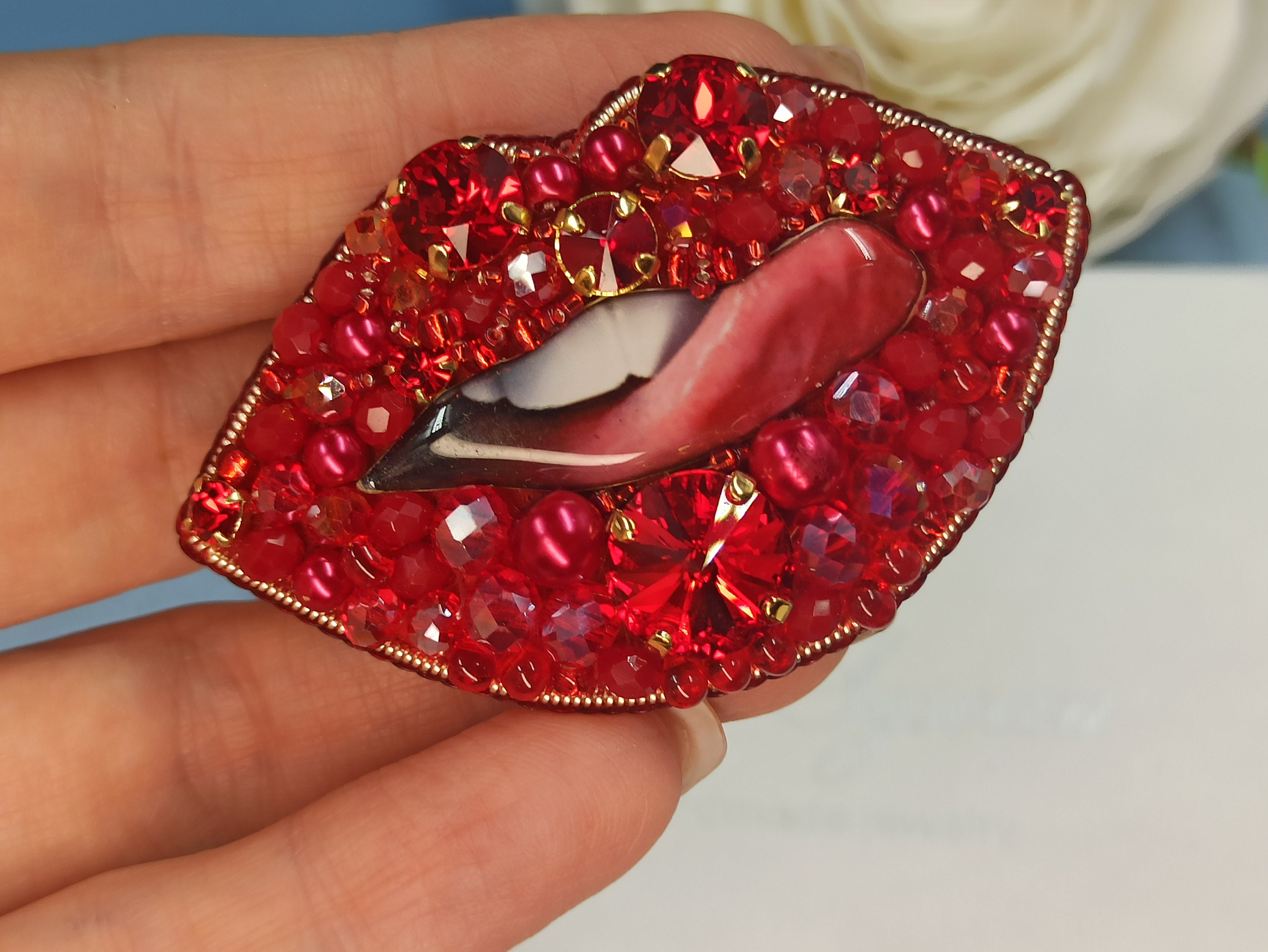 Kiss Brooch Red Lips Beaded Brooch Embroidered Mouth Etsy