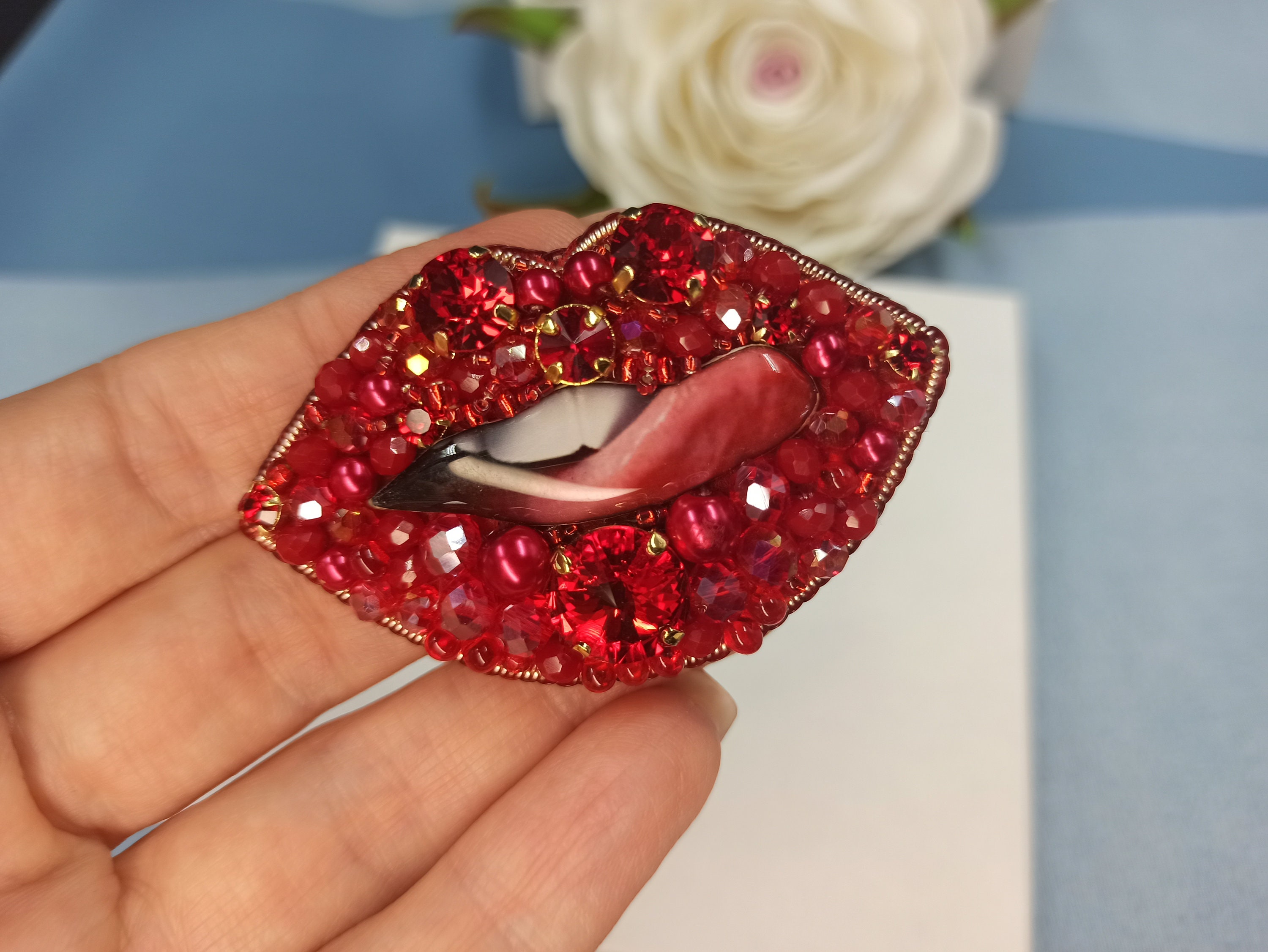 Kiss Brooch Red Lips Beaded Brooch Embroidered Mouth Etsy