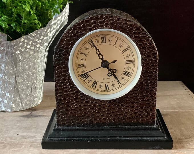 Vintage Bowring Clock, Leather & Wood Mantel Clock, Small Tabletop ...