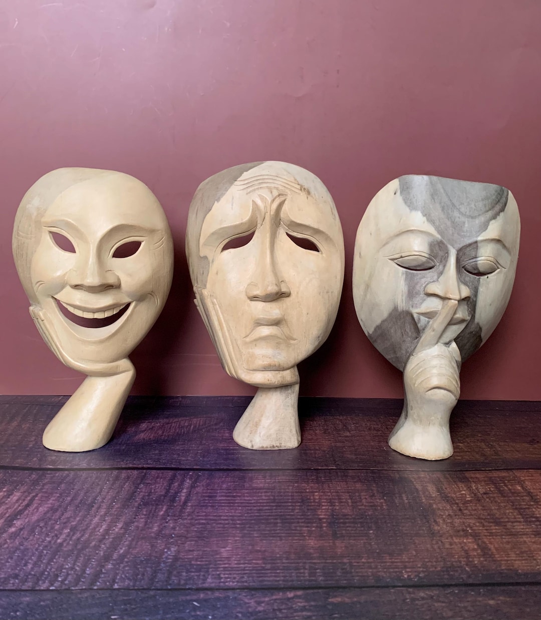Set of 3 Indonesian Wall Masks, Freestanding Carved Wood Face Masks ...