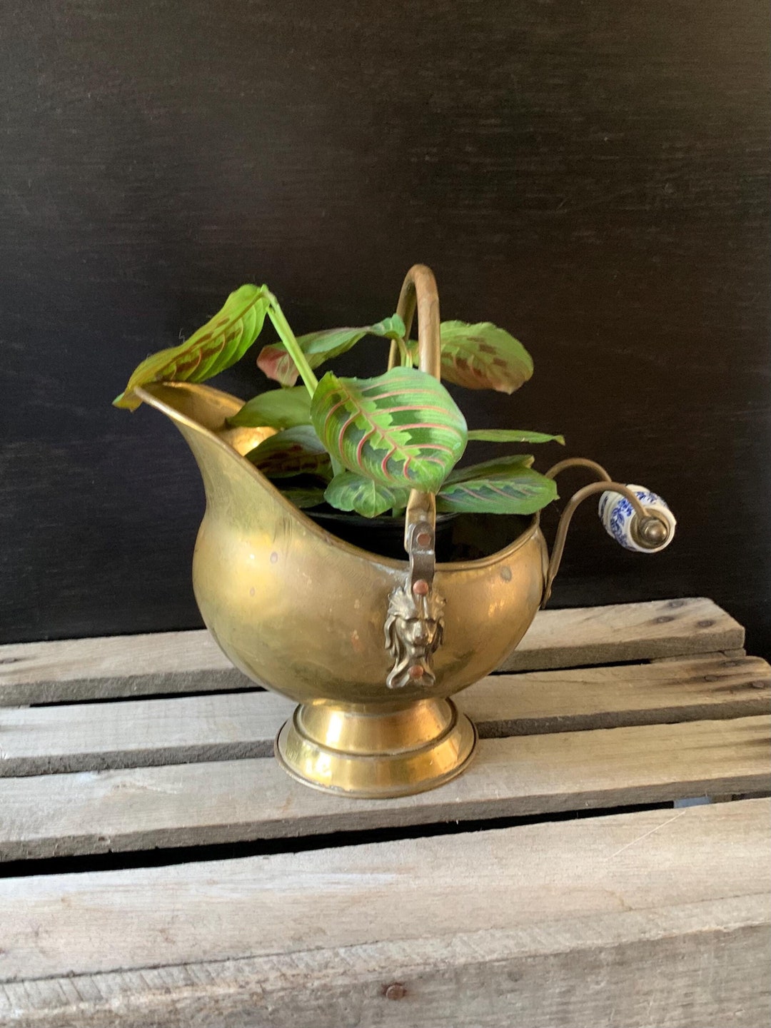 Vintage Brass Coal Scuttle With Porcelain Delft Handle, Made in Holland ...