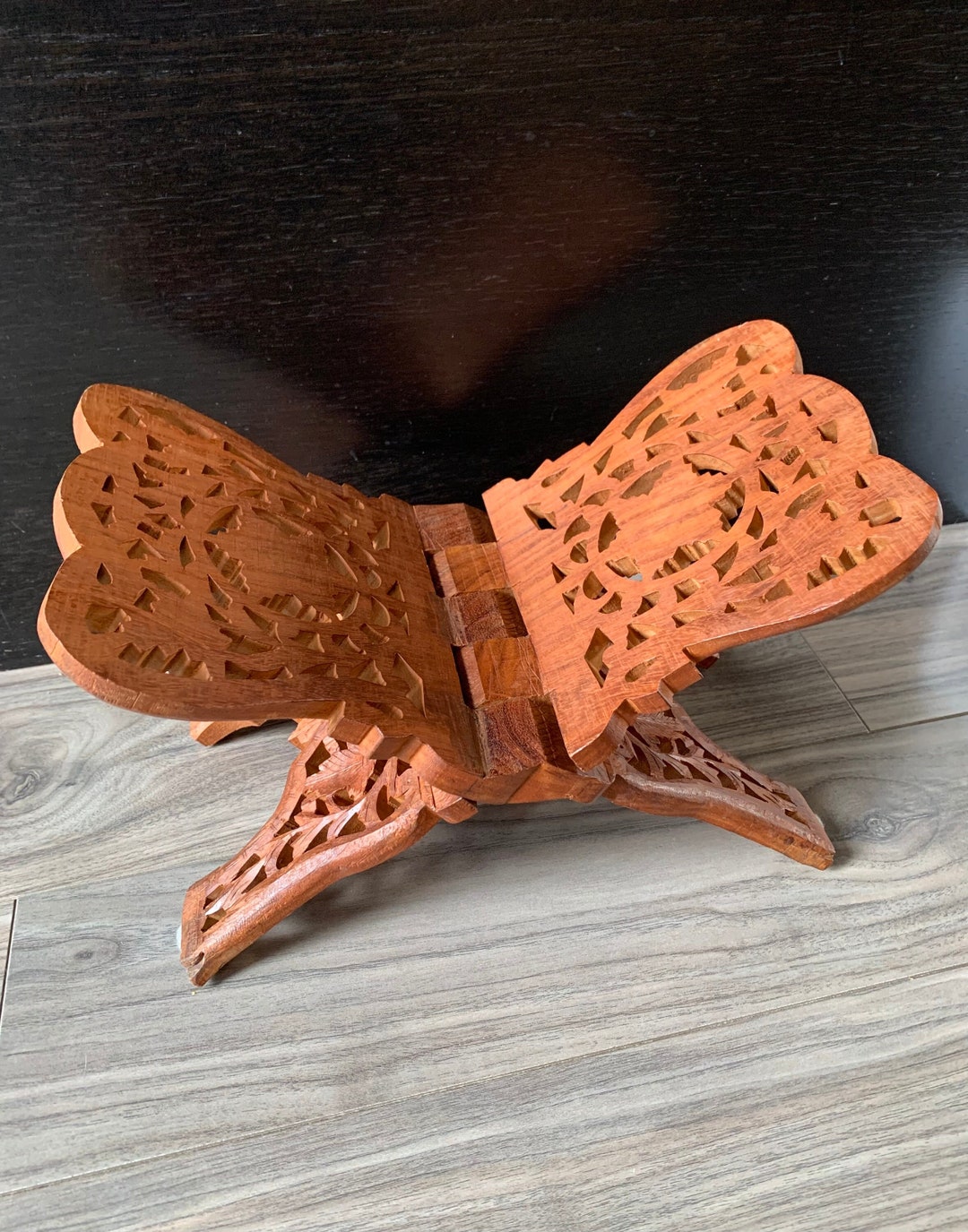 Ornate Carved Wood Book Stand, Bohemian Style Folding Cookbook Holder ...