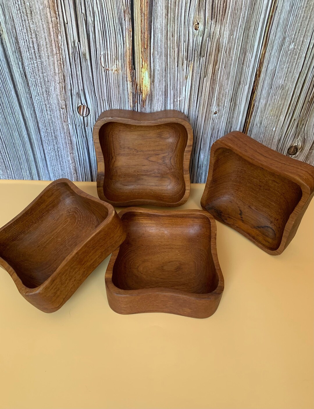 4x Hand Carved Teak Wooden Salad Bowls, Thai Woodwares Handmade Bowls ...
