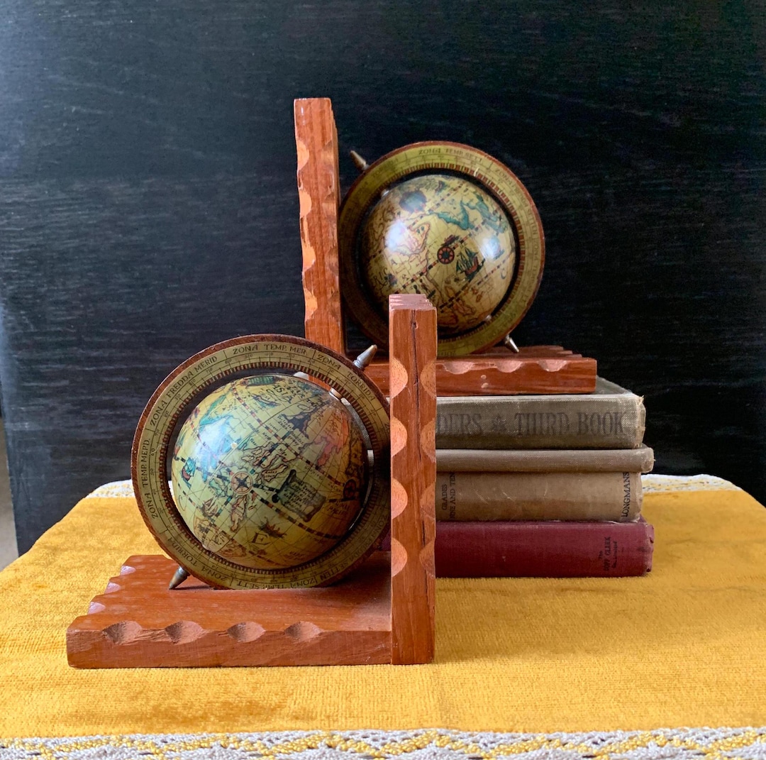 Wooden Globe Book Ends - Vintage Spinning Globe Bookends - Shelf ...