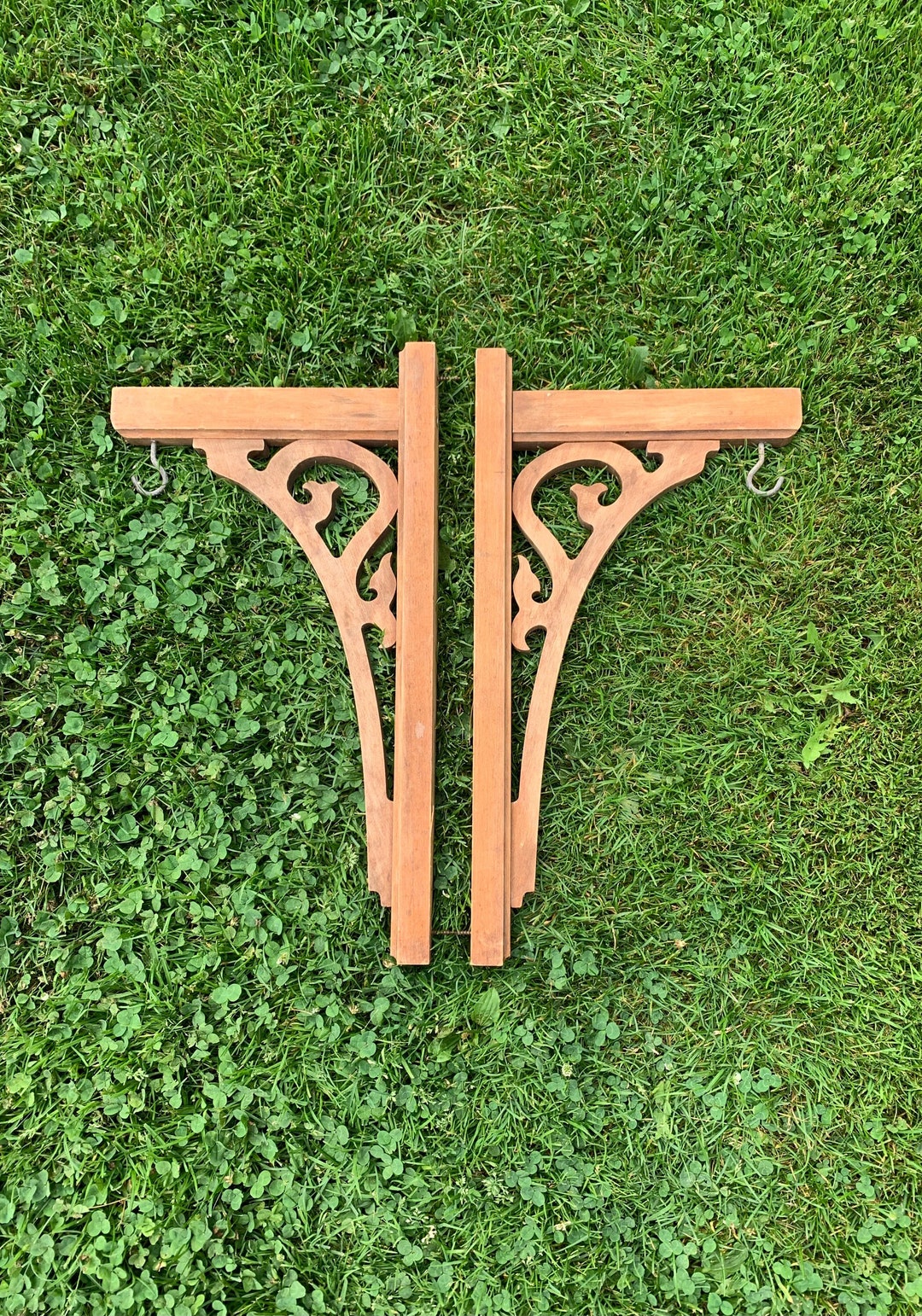 Pair of Rustic Wood Wall Brackets With Hooks, Plant Hangers, Wooden ...