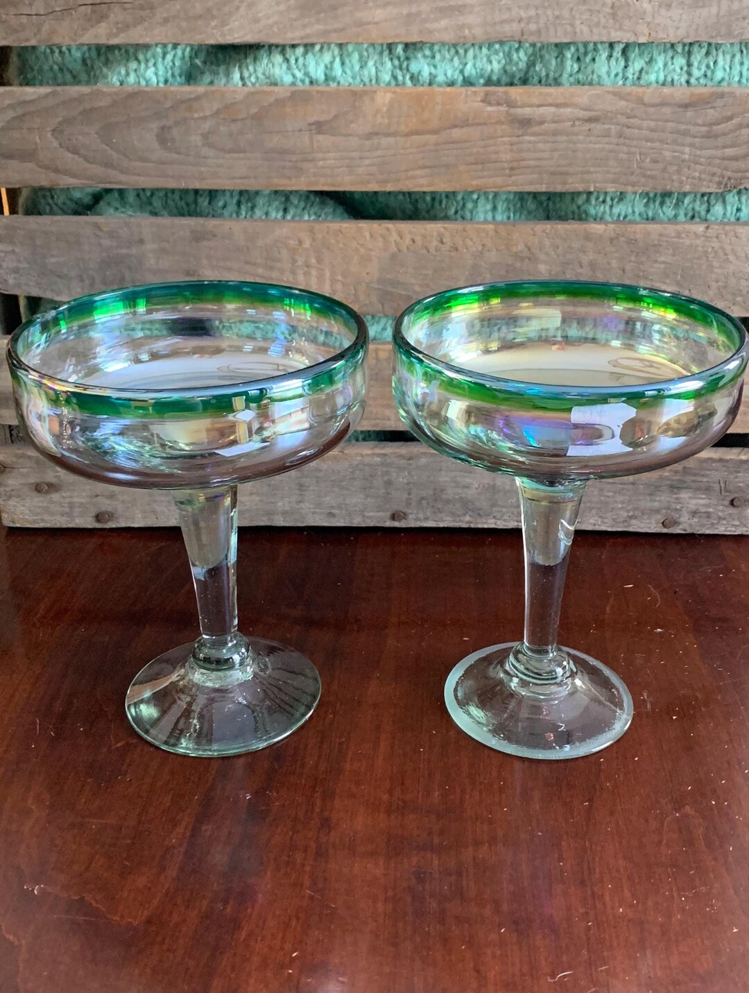 2x Mexican Margarita Glasses - Hand Blown Glass From Mexico With Green ...