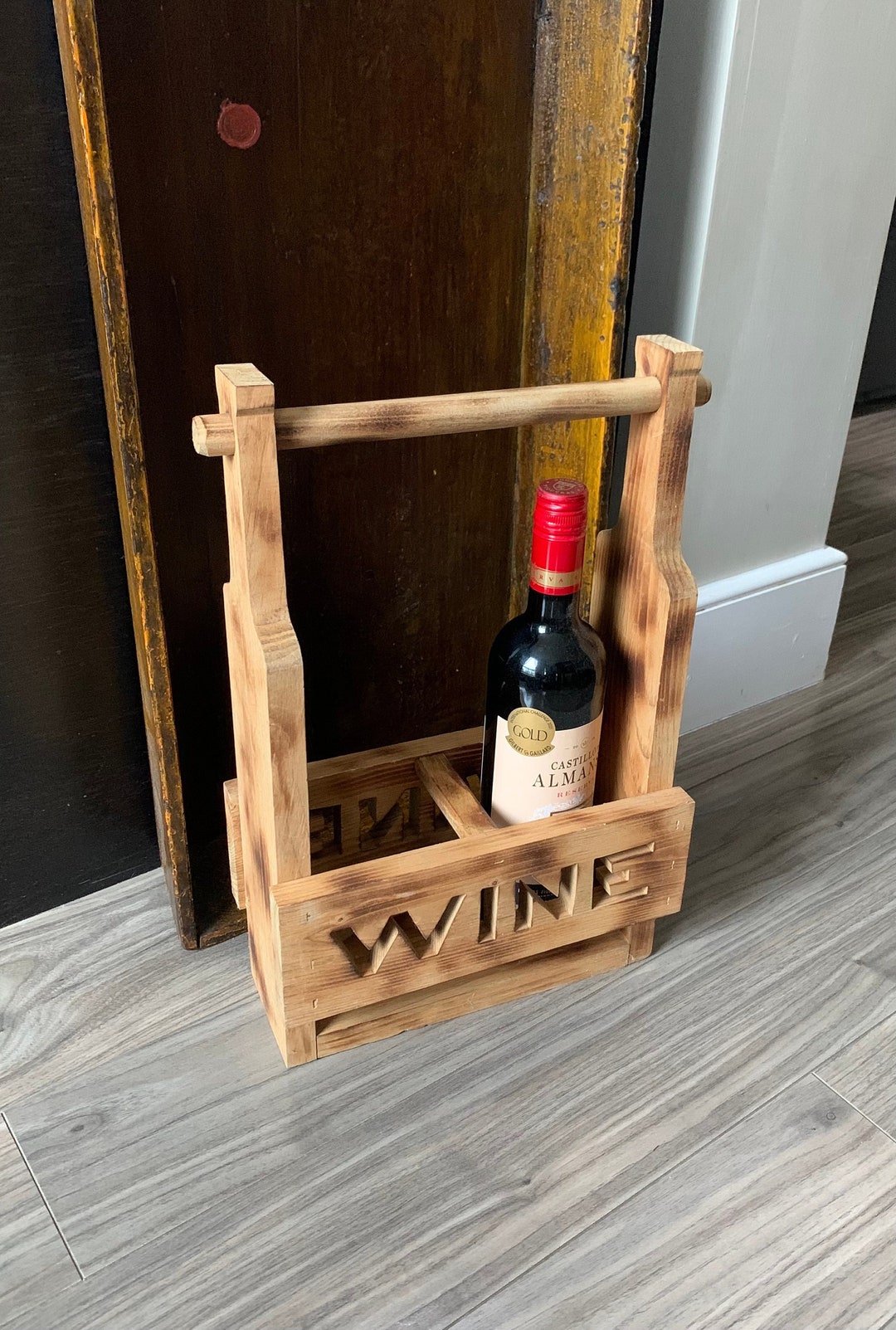 Rustic Wood WINE Holder, Holds 2 Bottles, Hand Made Wooden Wine ...