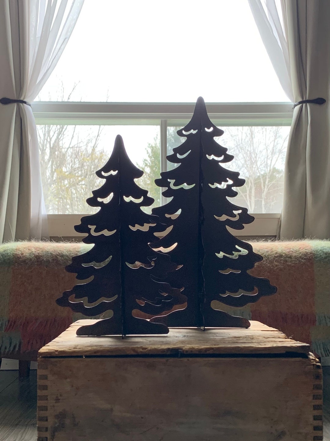 2x Metal Evergreen Trees, Standing Tin Pine Trees, Dark Brown & Bronze ...