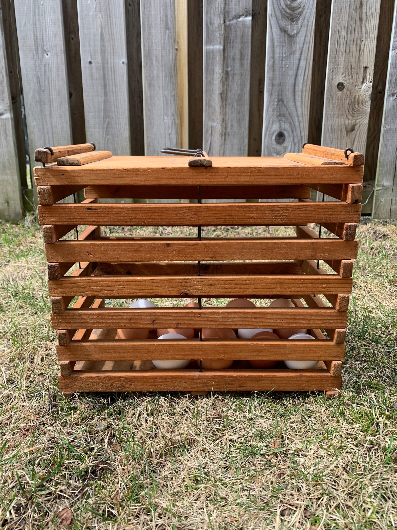 Antique Wooden Egg Crate - Wood Slatted Box With Slide Lid & Metal ...