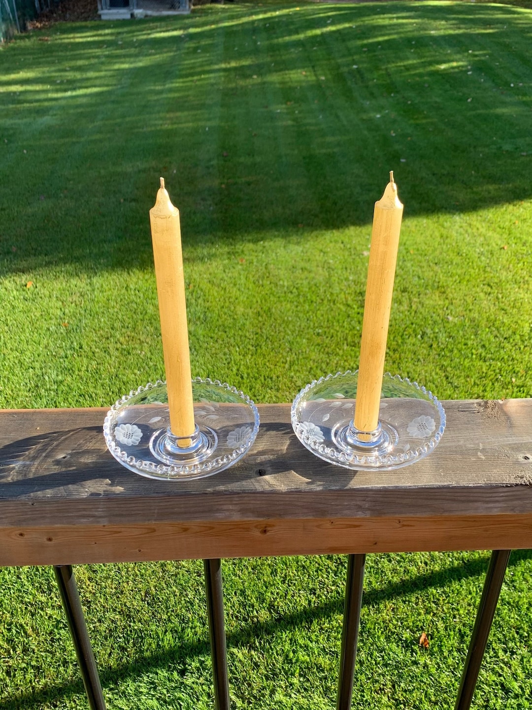 2x Imperial Glass Corn Flower Candle Holders, Etched Flowers & Leaves ...