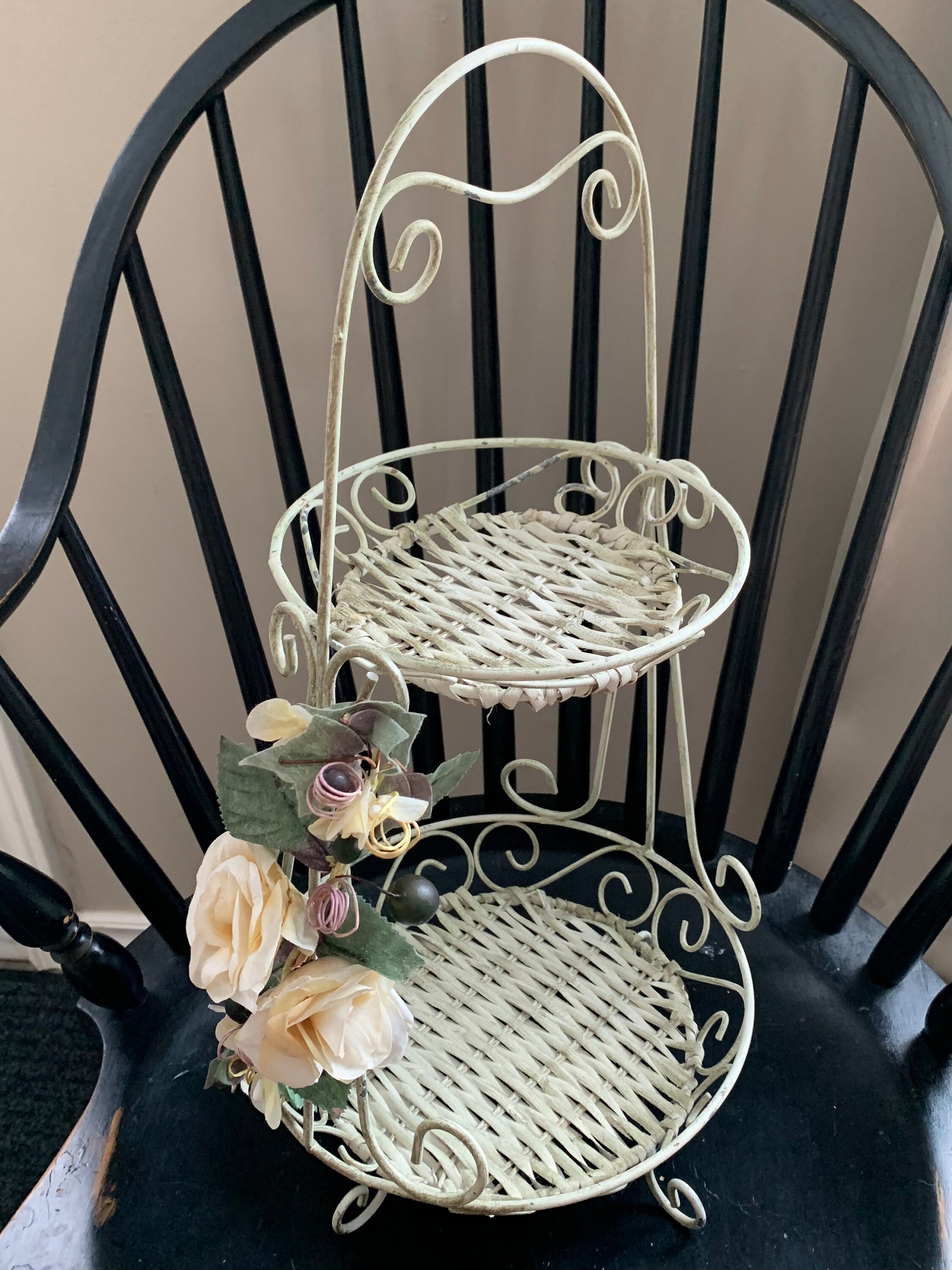 Shabby 2 Tier Serving Tray - Metal Frame & Wicker Trays - Garden Tea ...