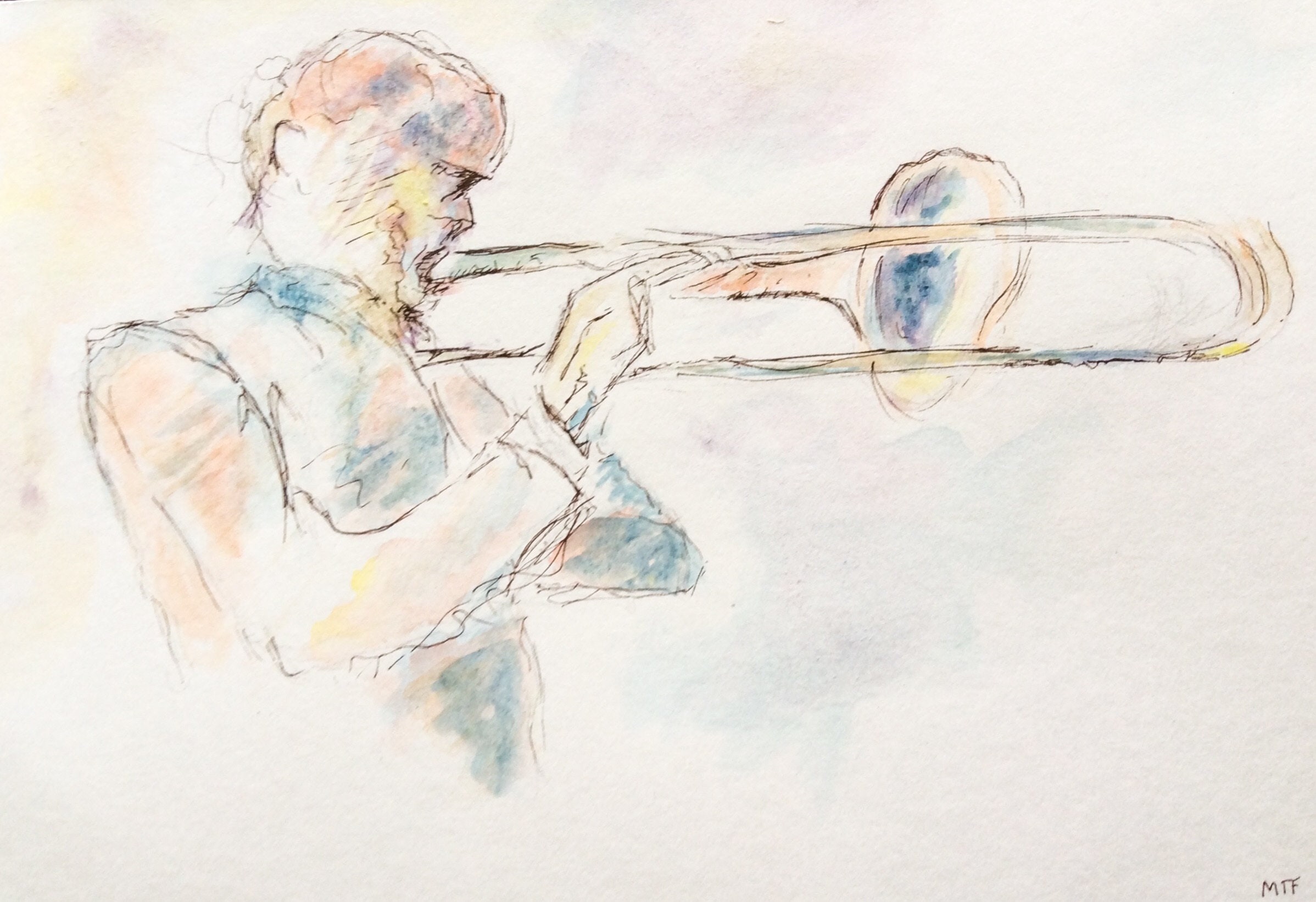 Jazz Trombone Player, 5x7 Print of Watercolor Painting. 1/5 in the Jazz ...