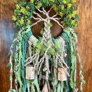 Tree of Life Witch Bells, 5 Inch Mossy Wreath, Recycled Green Ribbons ...
