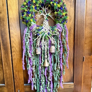 Tree of Life Witch Bells, 9 Inch, Ostara Spring Wreath, Cotton Ribbons ...