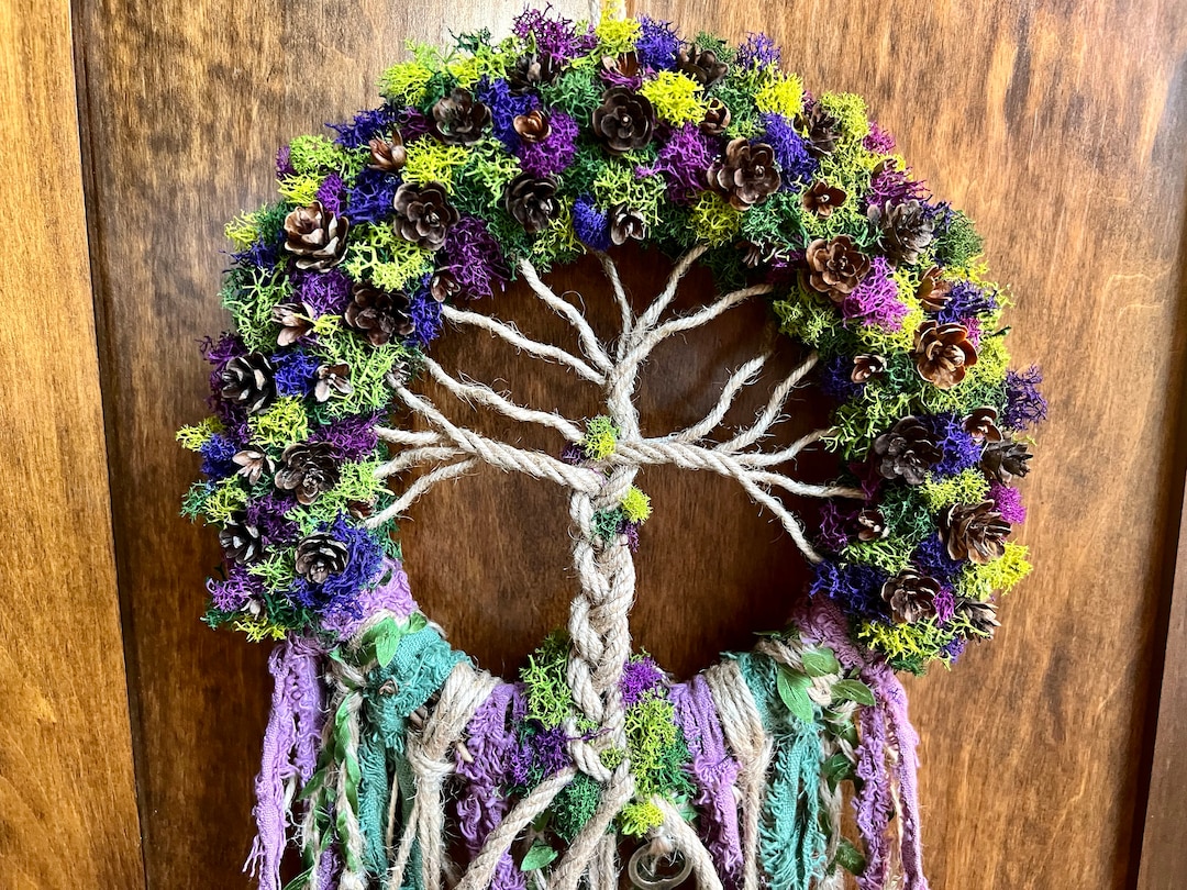 Tree of Life Witch Bells, Home & Door Protection, Grapevine Moss Wreath ...