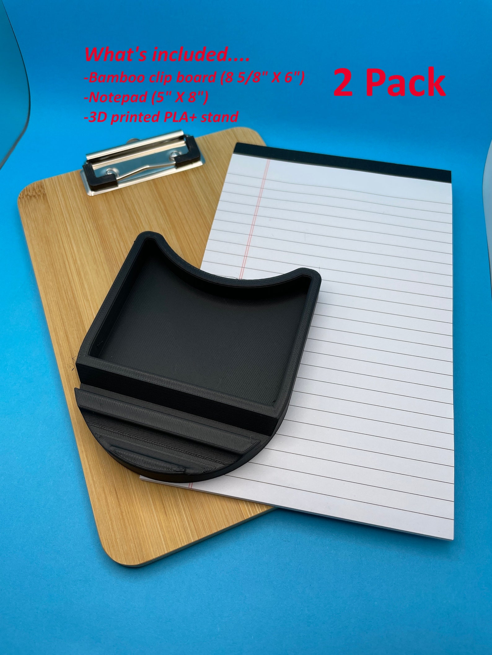 Mini Bamboo Clipboard 8 5/8 X 6, Notepad 8 X 5, 3D Printed PLA Stand ...