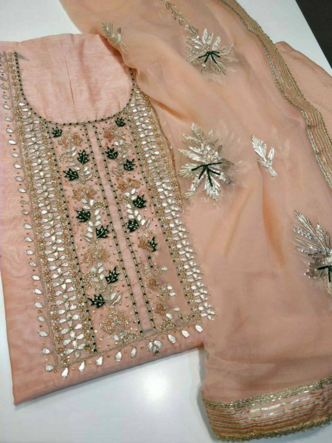 ATHARVA Hand Embroidery Salwar Kameez W/embroidery Neck in Peach W/gota ...