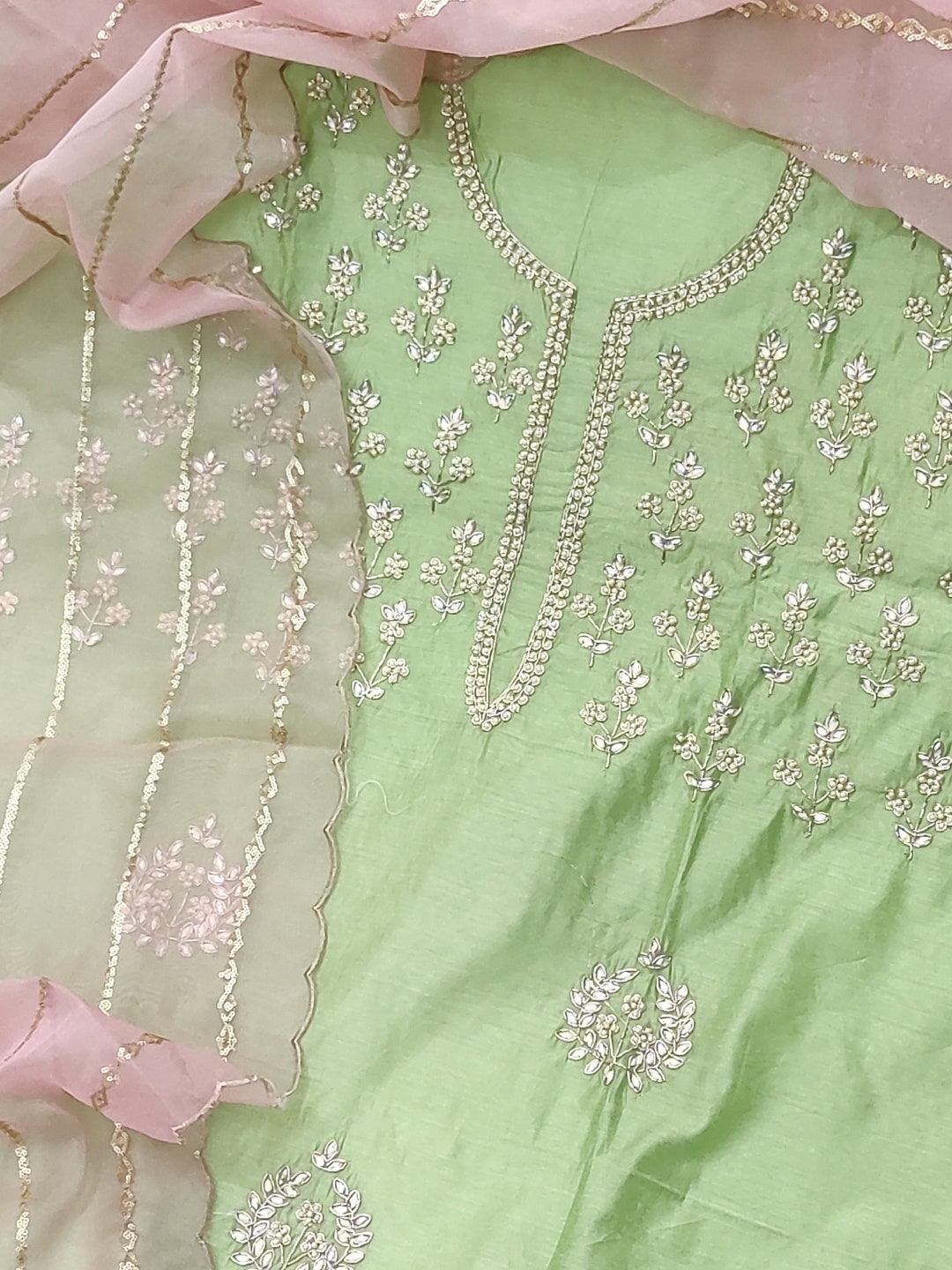 ATHARVA Hand Embroidery Salwar Kurta/green Chanderi Silk/pink Organza Sequence Dupatta/custom ...