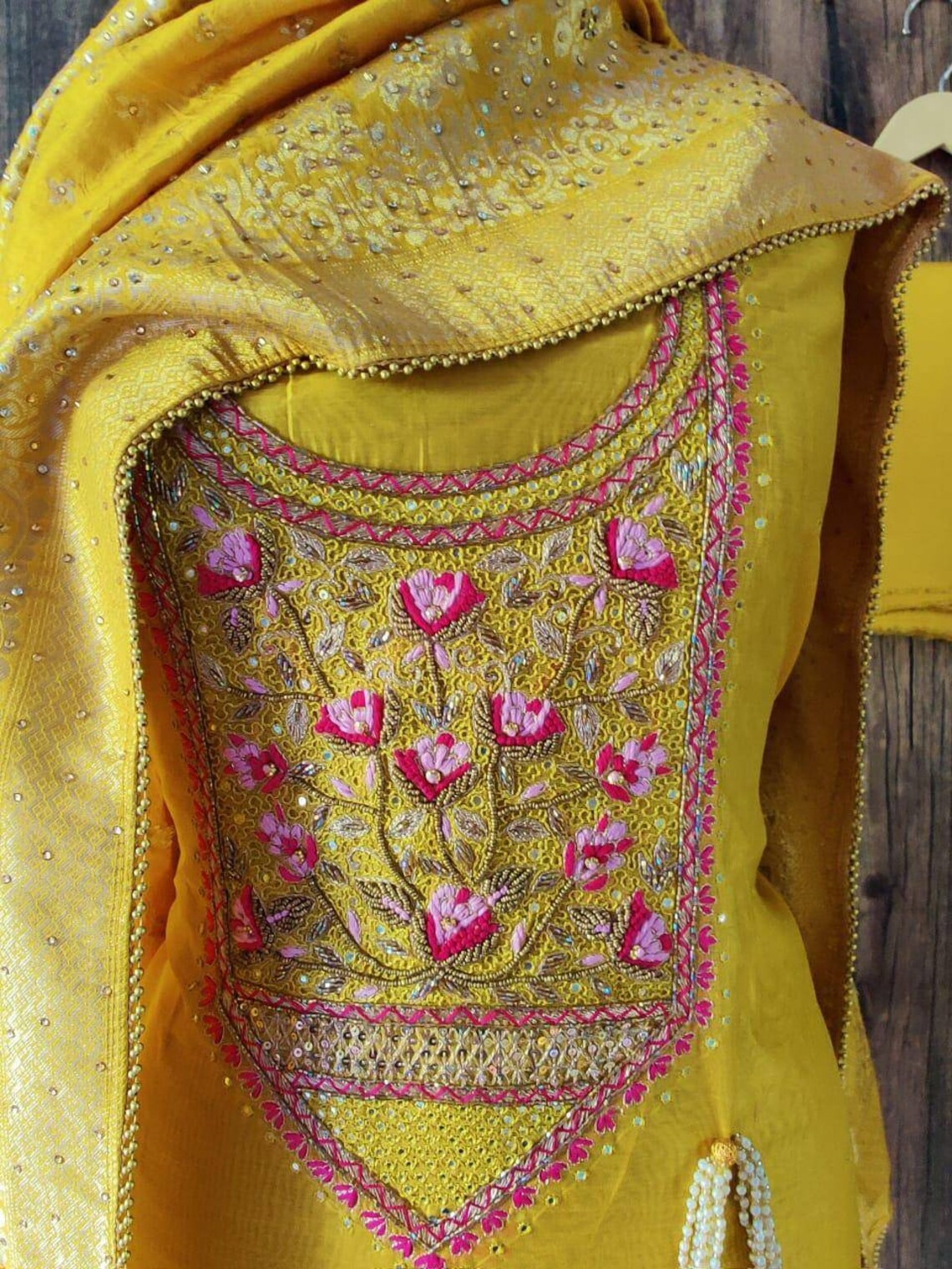ATHARVA Hand Embroidery Salwar Kameez/embroidery Neck Yellow/banarsi ...