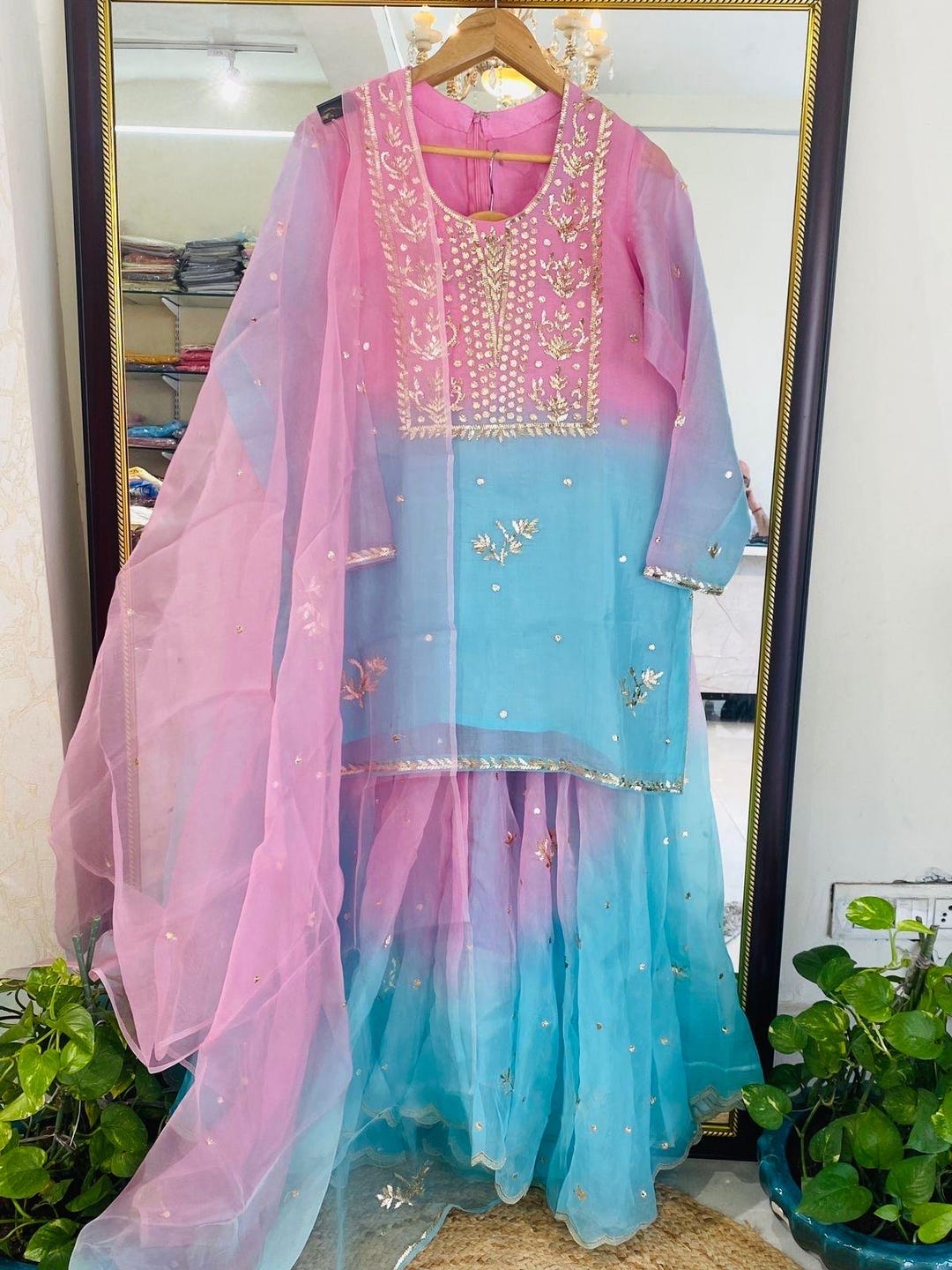 ATHARVA Hand Embroidery Sharara Suit/ombre Blue Pink/mukaish Work ...