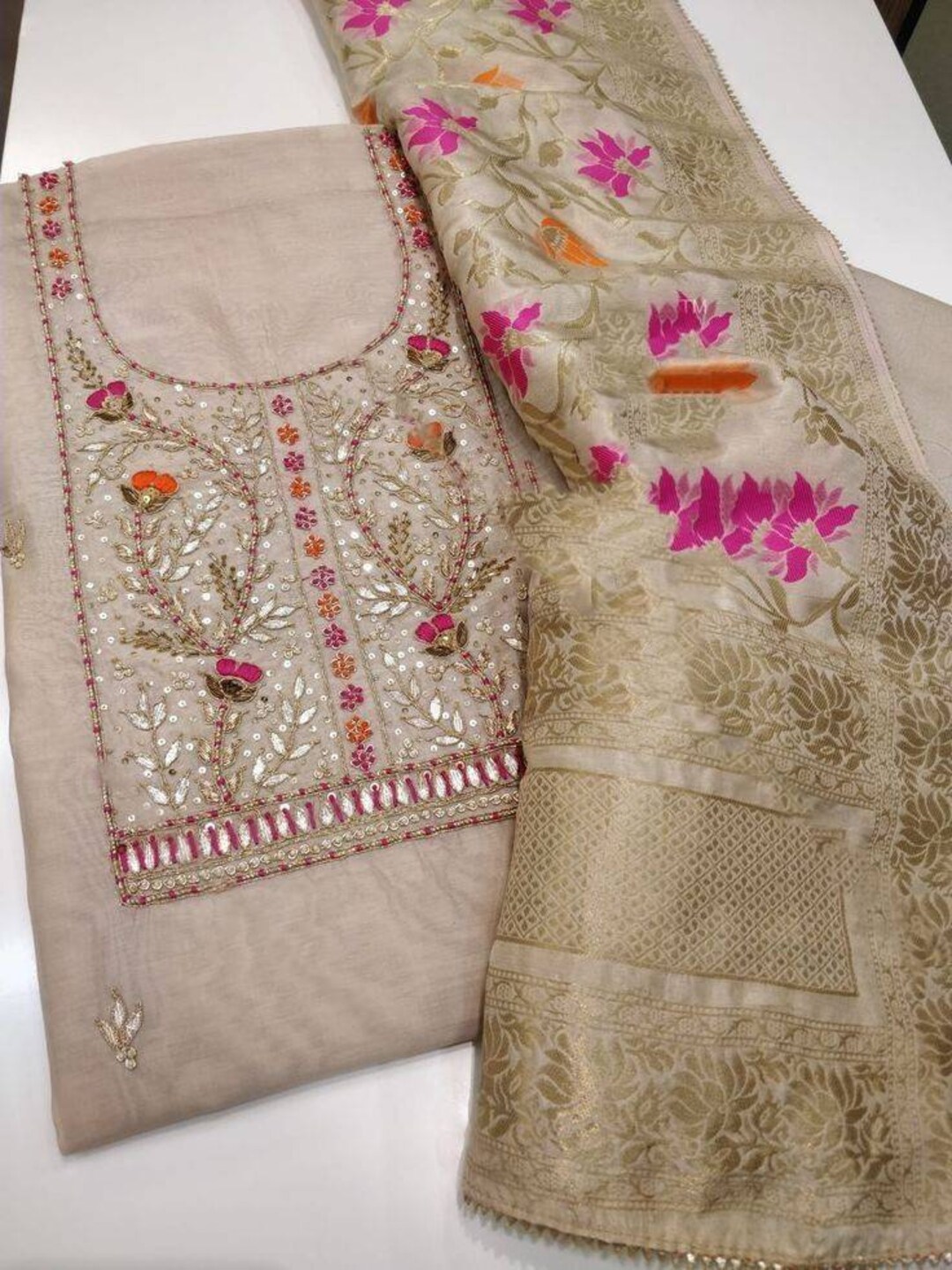 ATHARVA Hand Embroidery Indian Salwar Kameez/beige Chanderi/banarsi Meenakari Dupatta/gota Patti ...