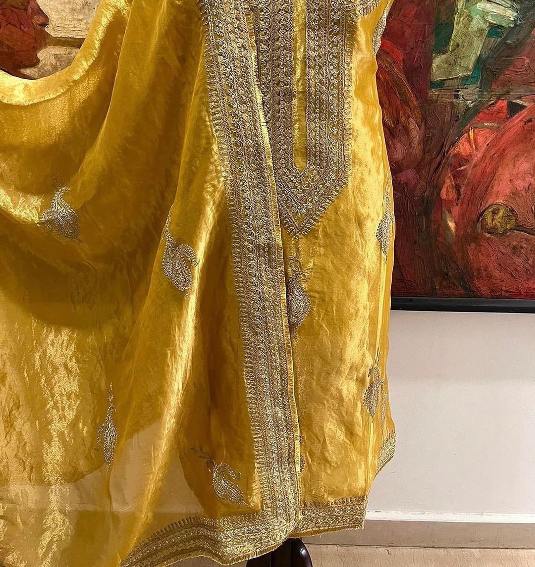 ATHARVA Hand Woven Pure Tissue Silk Salwar Kamiz/yellow/hand Embroidery ...