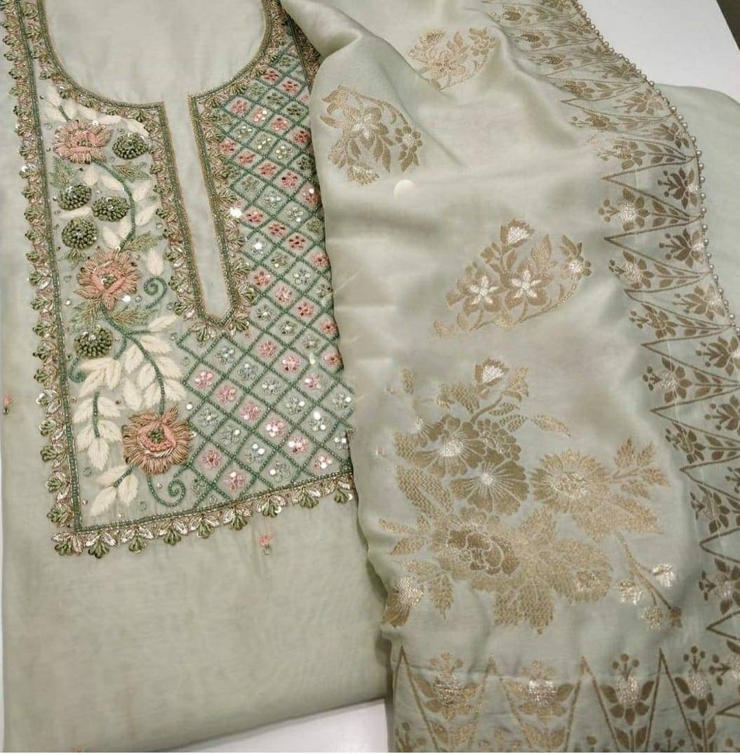 ATHARVA Hand Embroidery Salwar Kameez /beige Pista/ Banarsi Silk ...