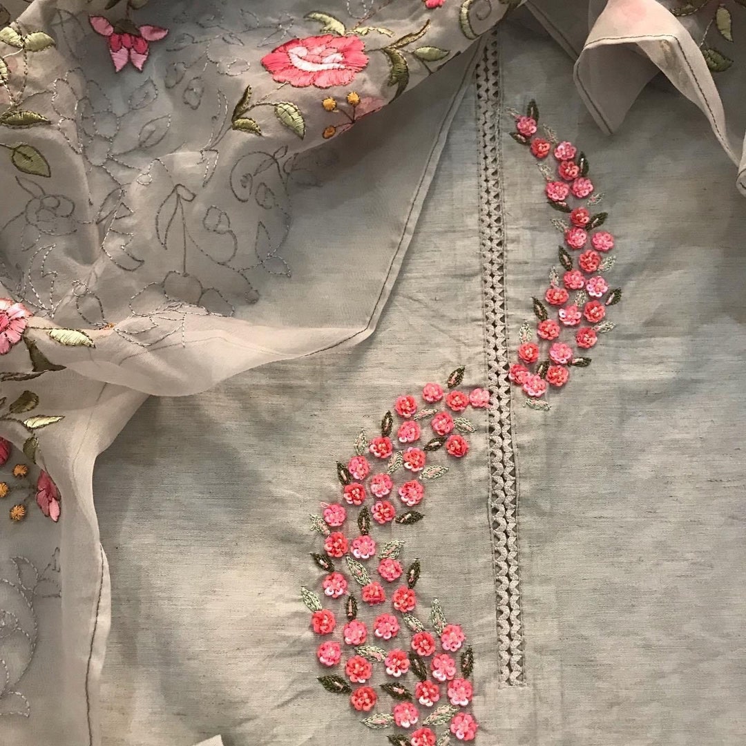ATHARVA Hand Embroidery Salwar Kameez/grey Chanderi Silk/organza Dupatta/custom Stitch Unstitch ...