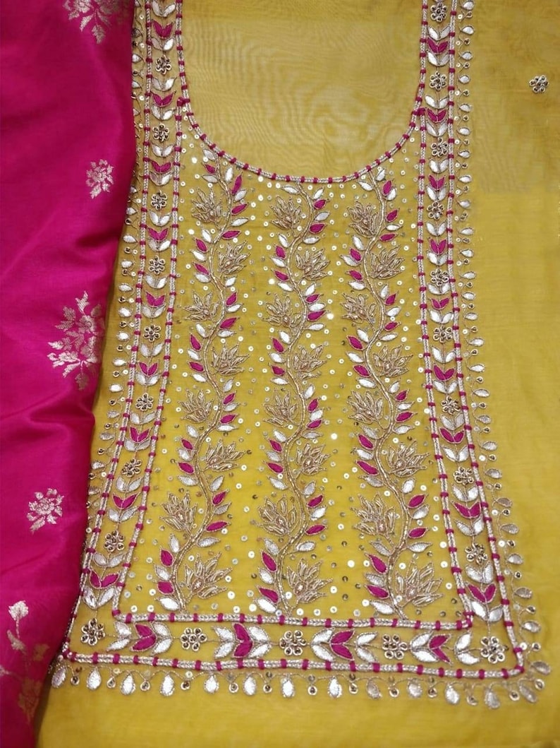 ATHARVA Hand Embroidery Salwar Kameez/embroidery Neck Yellow/majenta ...