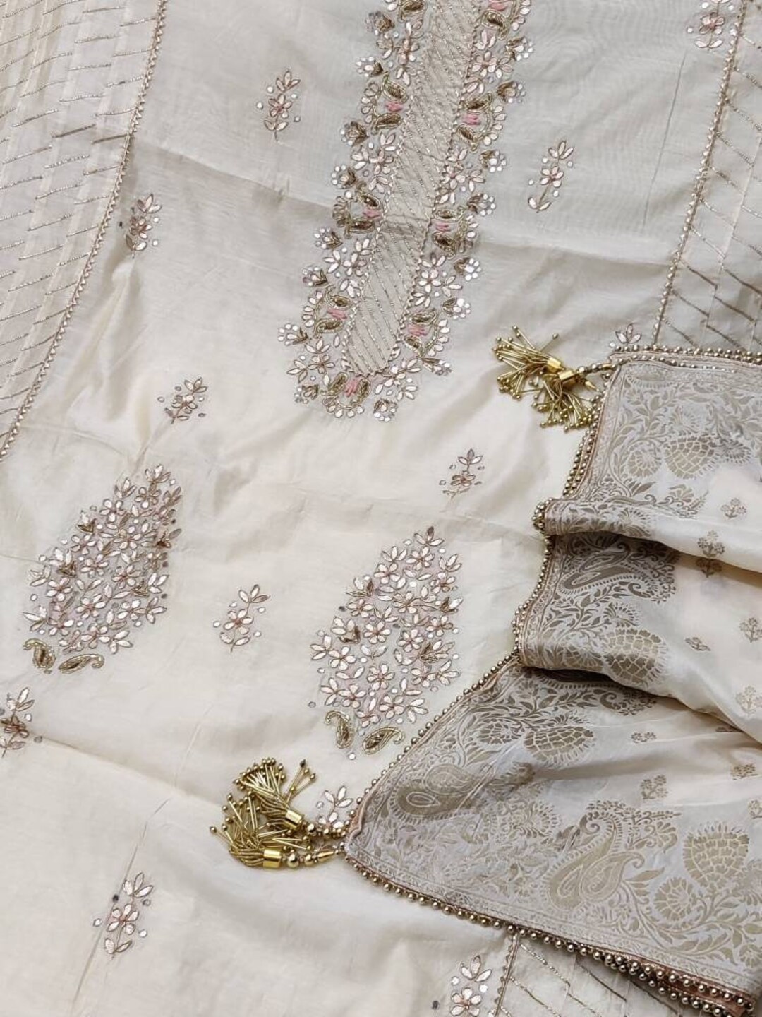 ATHARVA Hand Embroidery Salwar Kameez Beige/all Over Work/banarsi Silk ...