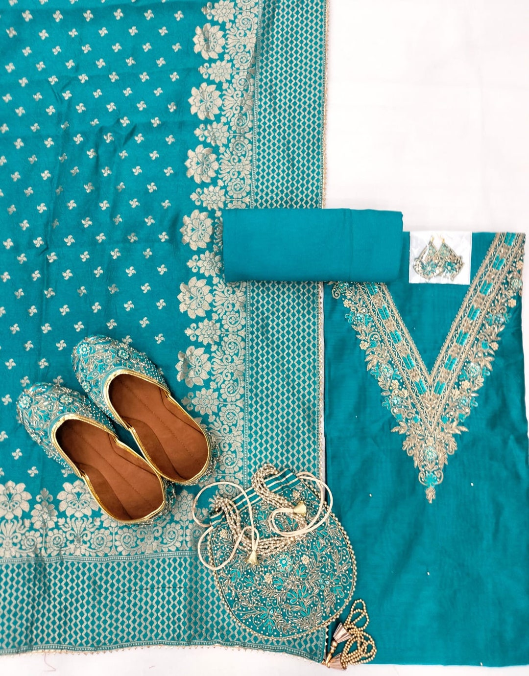 ATHARVA Hand Embroidery Salwar Kamiz/chanderi/feroze Blue/banarsi Dupatta/embroi. Potli Bag ...