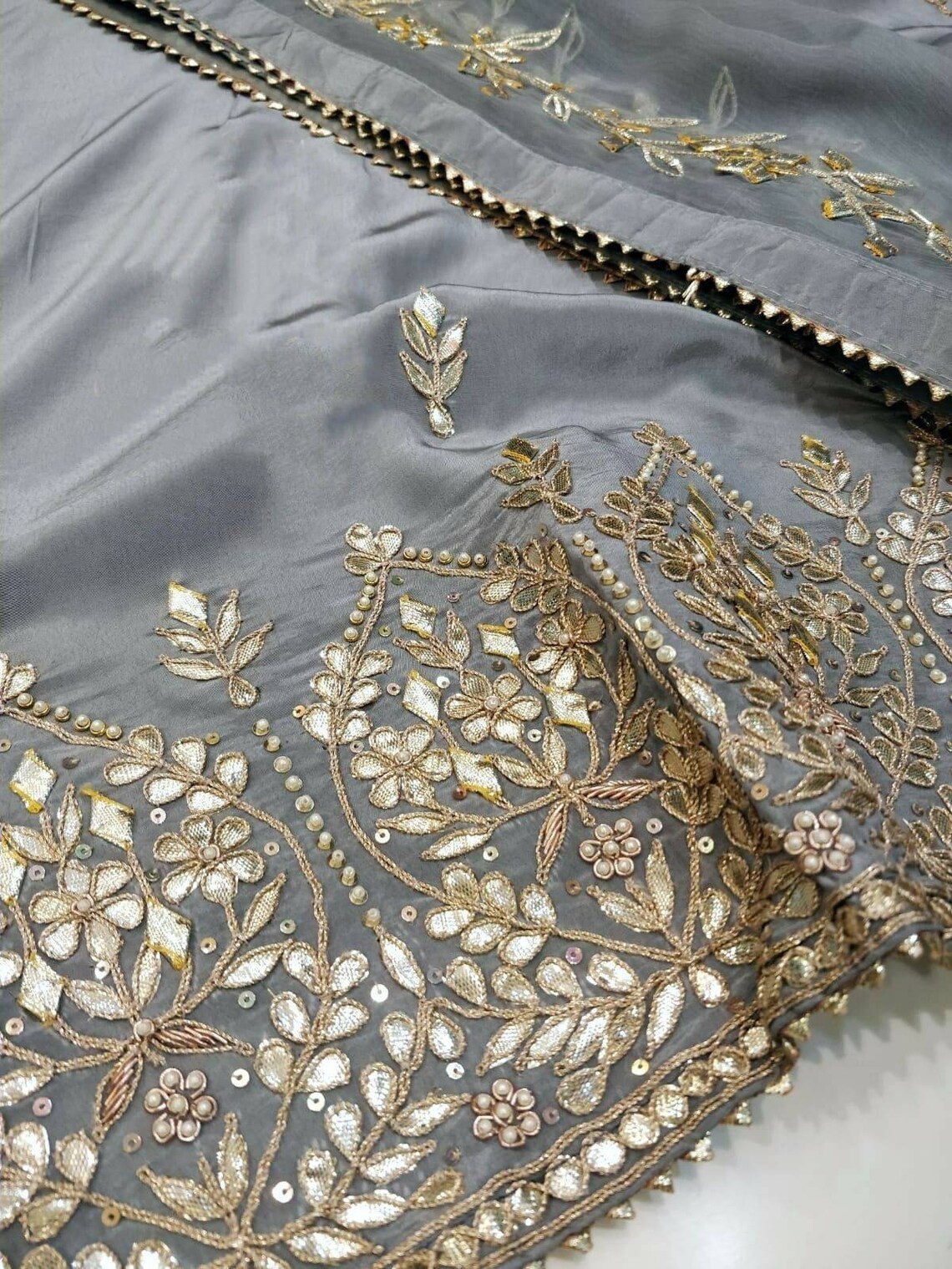 ATHARVA Hand Embroidery Salwar Kameez/grey Crepe Silk Shirt/gota Patti ...