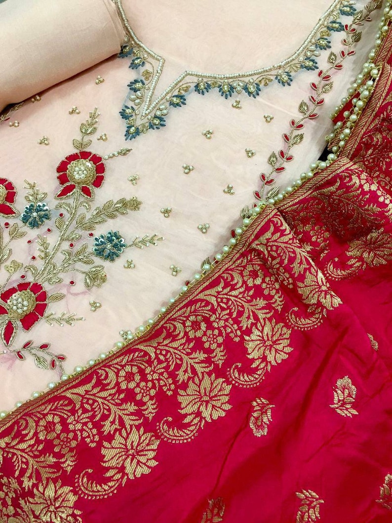 ATHARVA Hand Embroidered Salwar Kameez /neck Embroidery Peach/banarsi ...