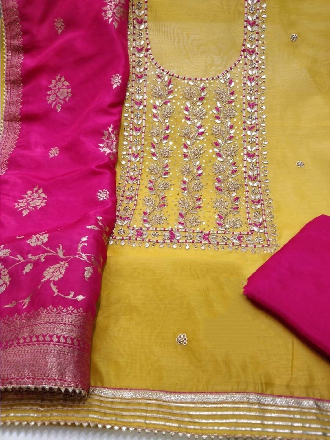 ATHARVA Hand Embroidery Salwar Kameez/embroidery Neck Yellow/majenta ...