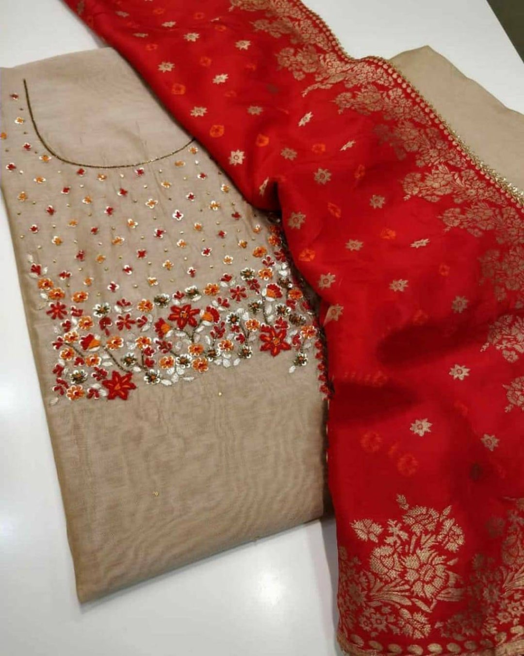 ATHARVA Hand Embroidery Salwar Kameez Beige/reds Banarsi Bandhani ...