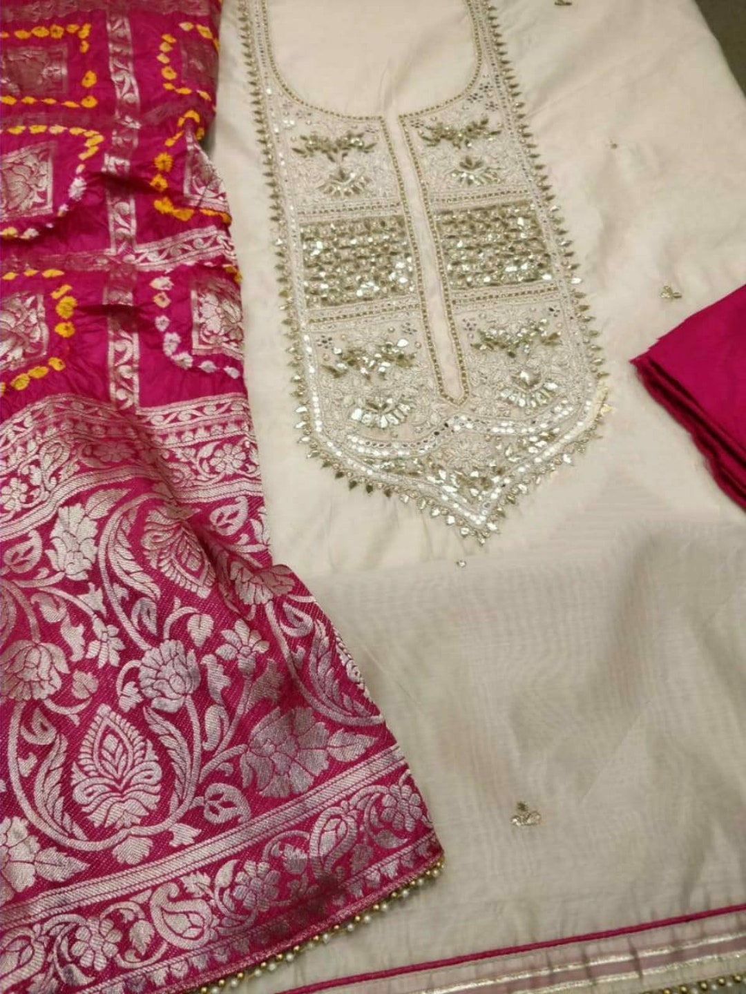 ATHARVA Embroidery Salwar Kameez W/embroidery Neck Beige W/banarsi ...