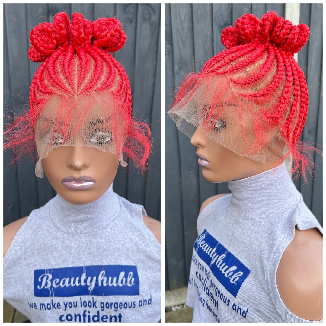 Ready to Ship Red Cornrows Box Braid Wig for Black Women Braided Full ...