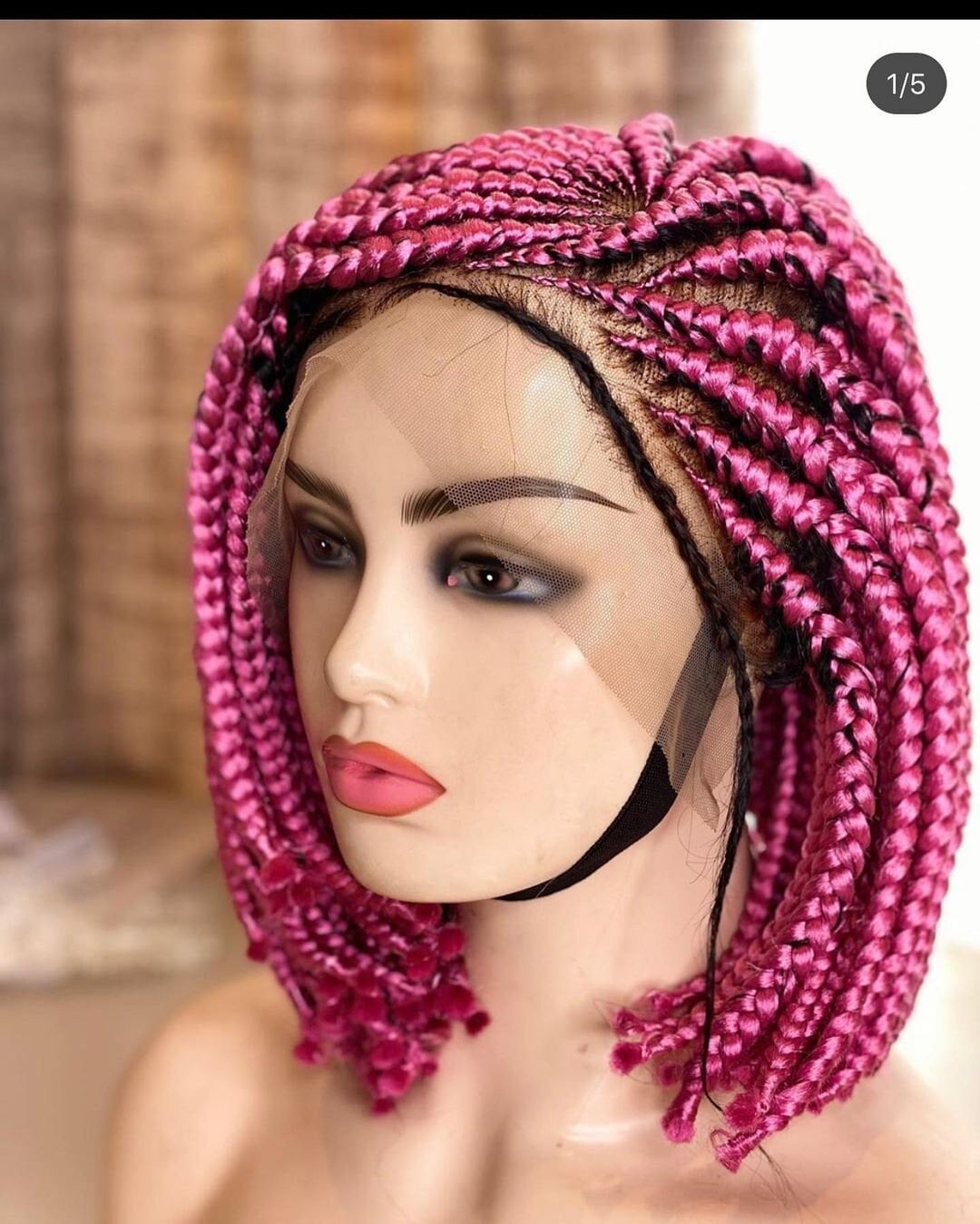 12 Short Pink Bob Box Braid Wig for Black Women Braided Front, Closure ...