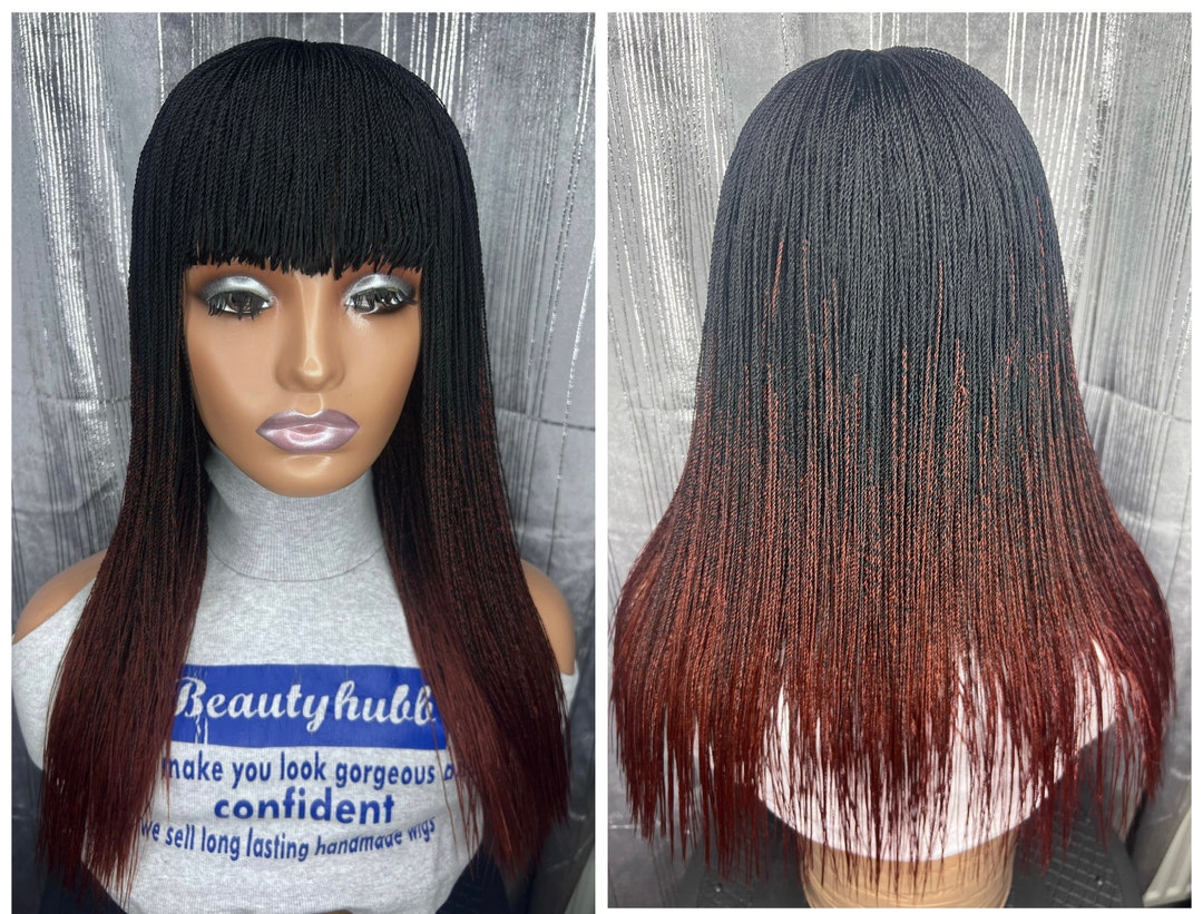 Ombré Micro Twists Fringe With Bangs Wig, Micro Braids Wig for Black ...