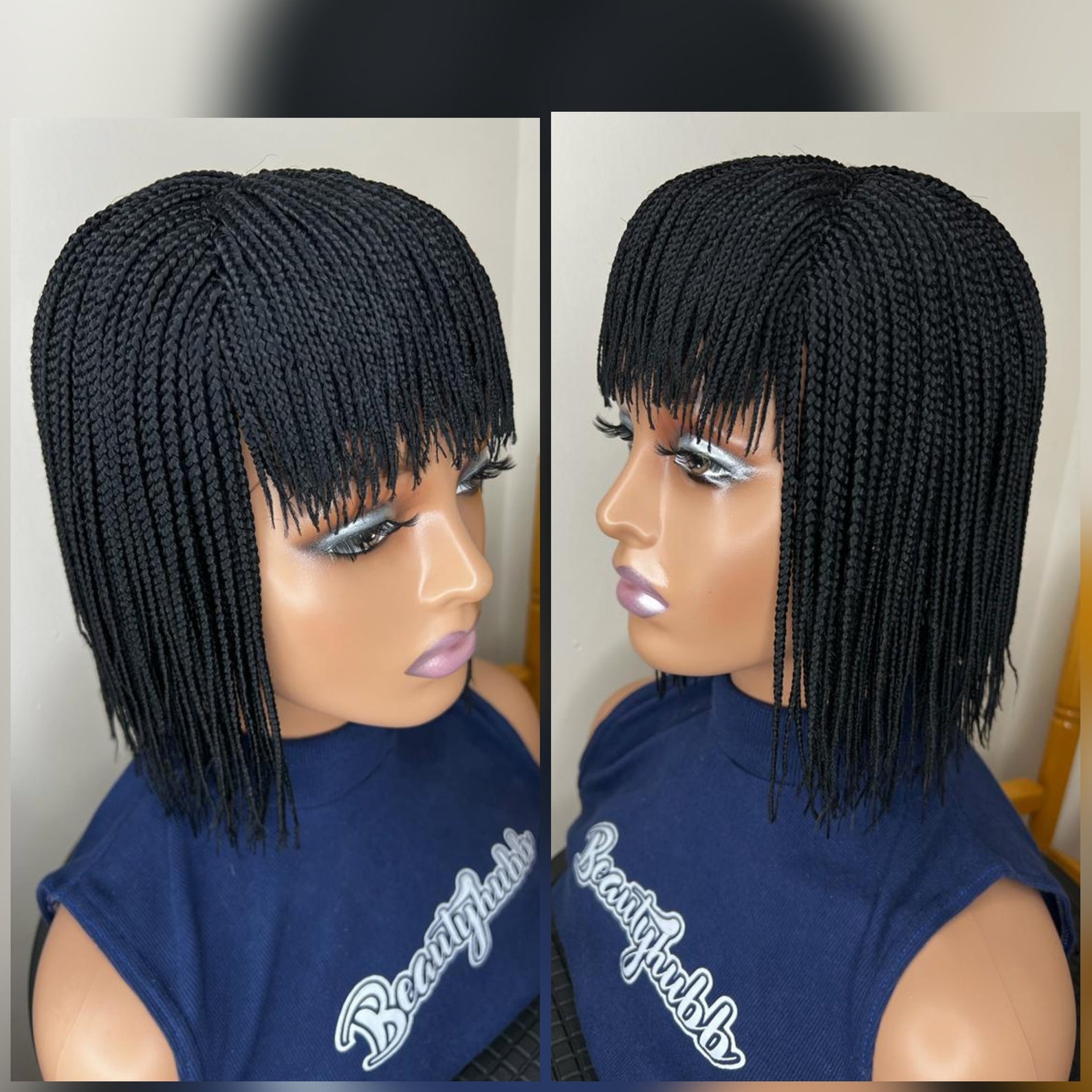Short Box Braids Wig: Black Bob With Bangs, Lace Front Wig - Etsy
