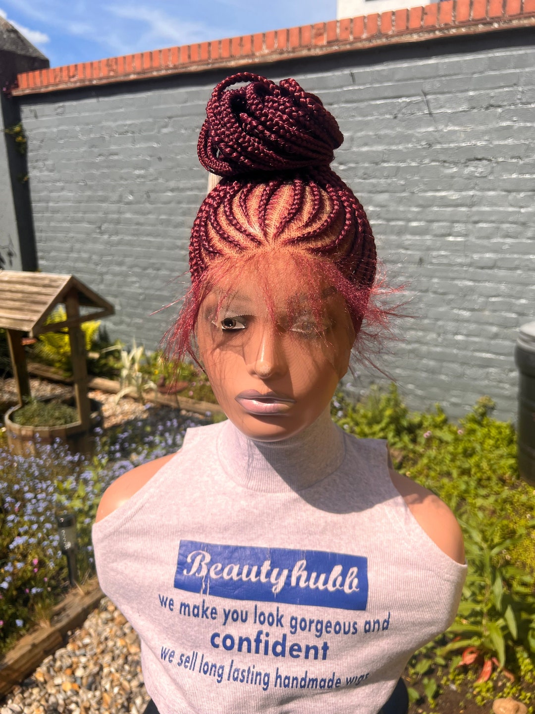 Ready to Ship Burgundy Cornrows Box Braid Wig for Black Women, Full ...