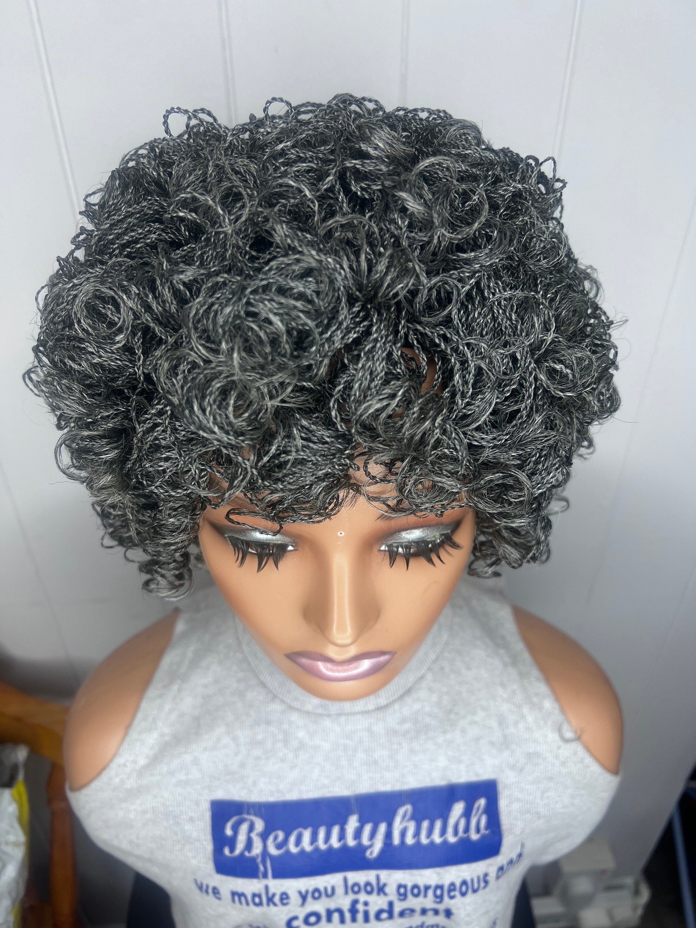 Custom Short Salt and Pepper Micro Twists Braid Wig: Curly Braided Lace ...