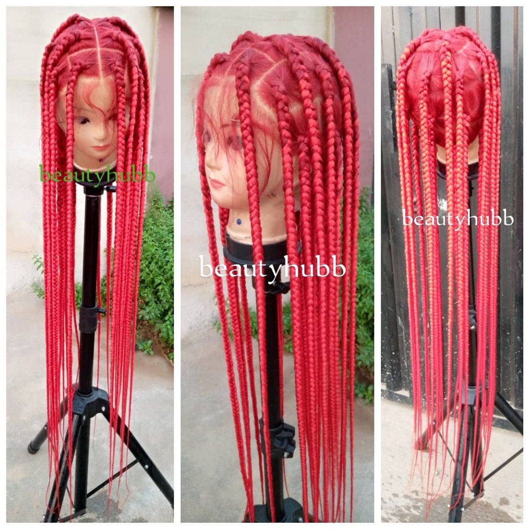 Tomato Red Knotless Full Lace Box Braid Wig for Black Women Braided ...