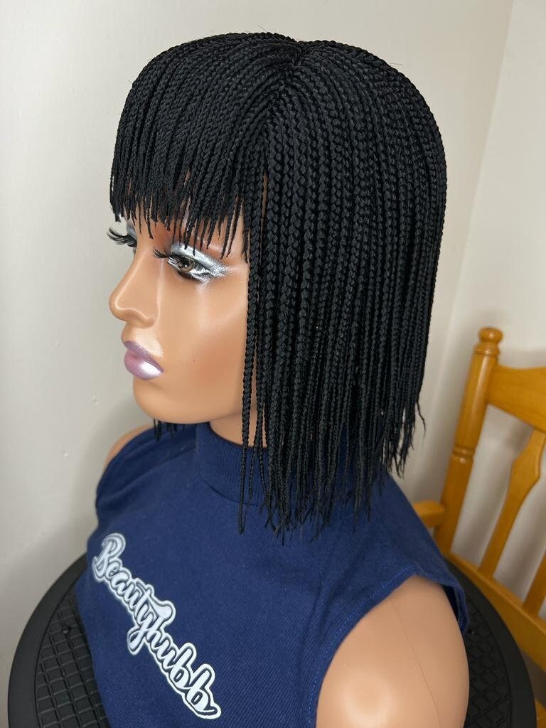 Short Box Braids Wig: Black Bob With Bangs, Lace Front Wig - Etsy