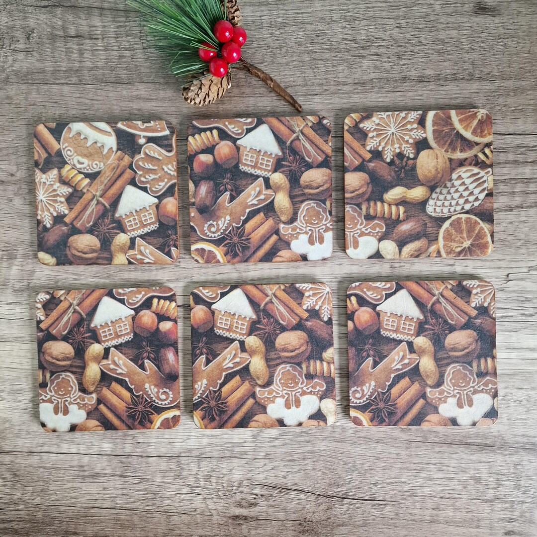 Christmas Coasters Set of 6 Gingerbread Coasters Wooden Decoupage ...