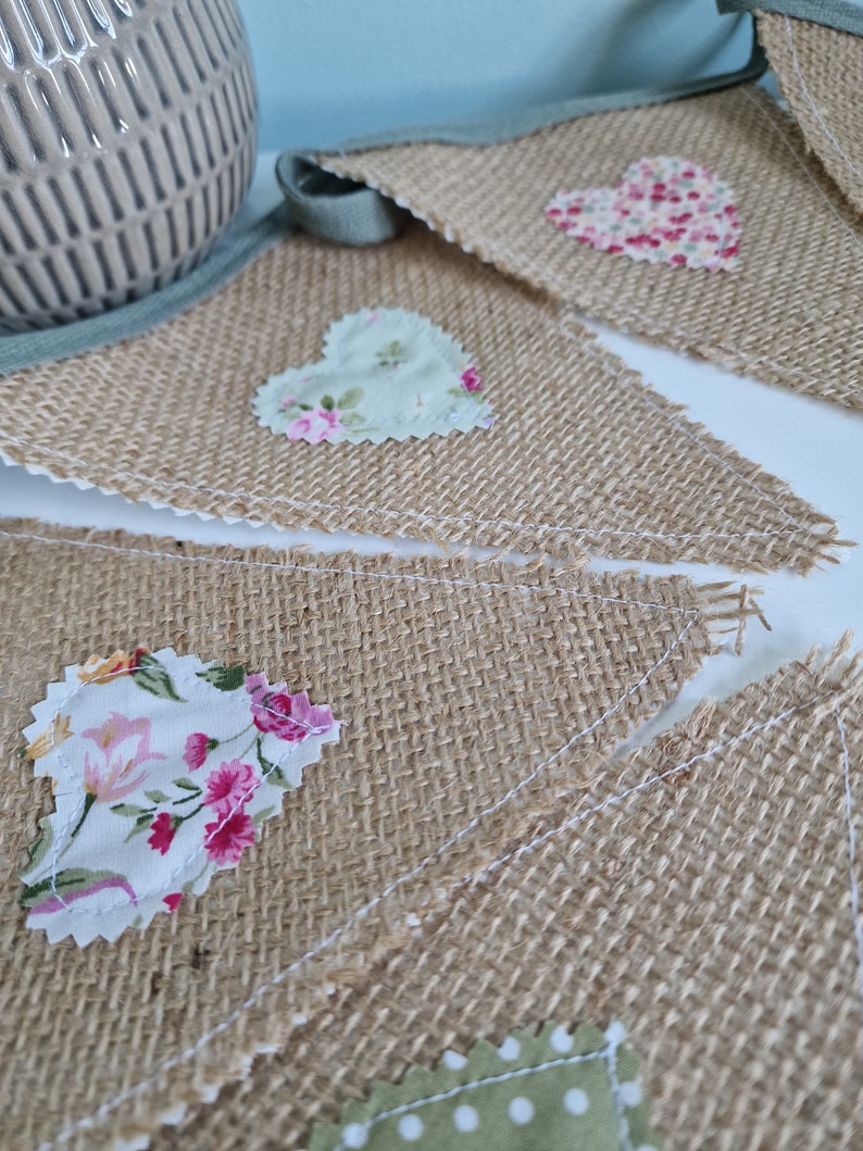 Hessian Hearts Handmade Fabric Bunting - Sage Ditsy Floral | Shabby ...