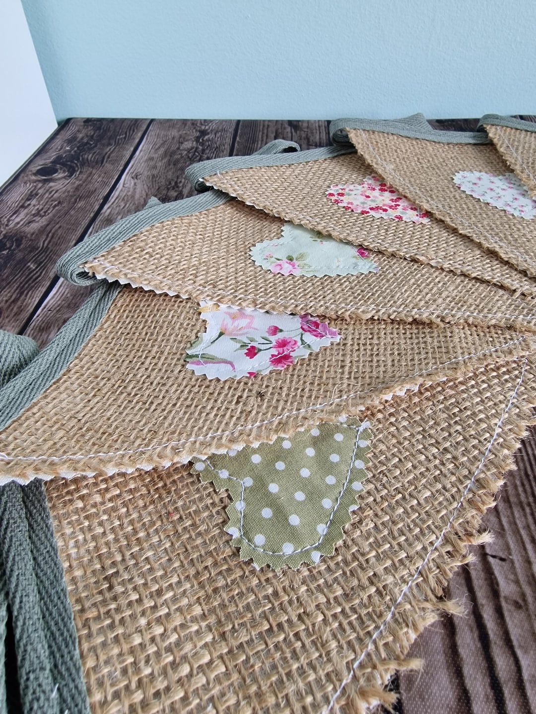 Hessian Hearts Handmade Fabric Bunting - Sage Ditsy Floral | Shabby ...